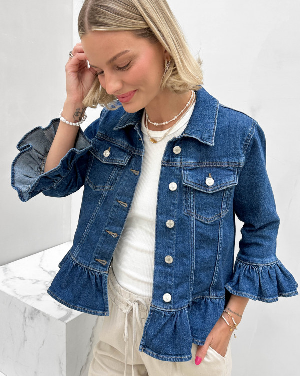 ONLY Onlsia Medium Blue Denim 3/4 Sl Frill Dnm Jacket | Grey Matter