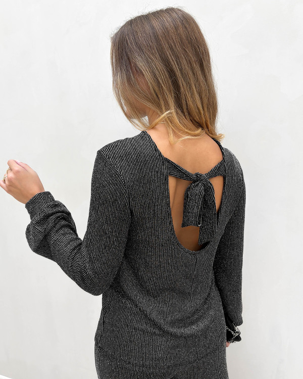 ONLY Onlcarol Black Silver Glitter L/S Glitter Bow Top