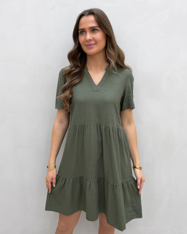 ONLY Onltiri-Goa Smokey Olive Ss V-Neck Lin Dress